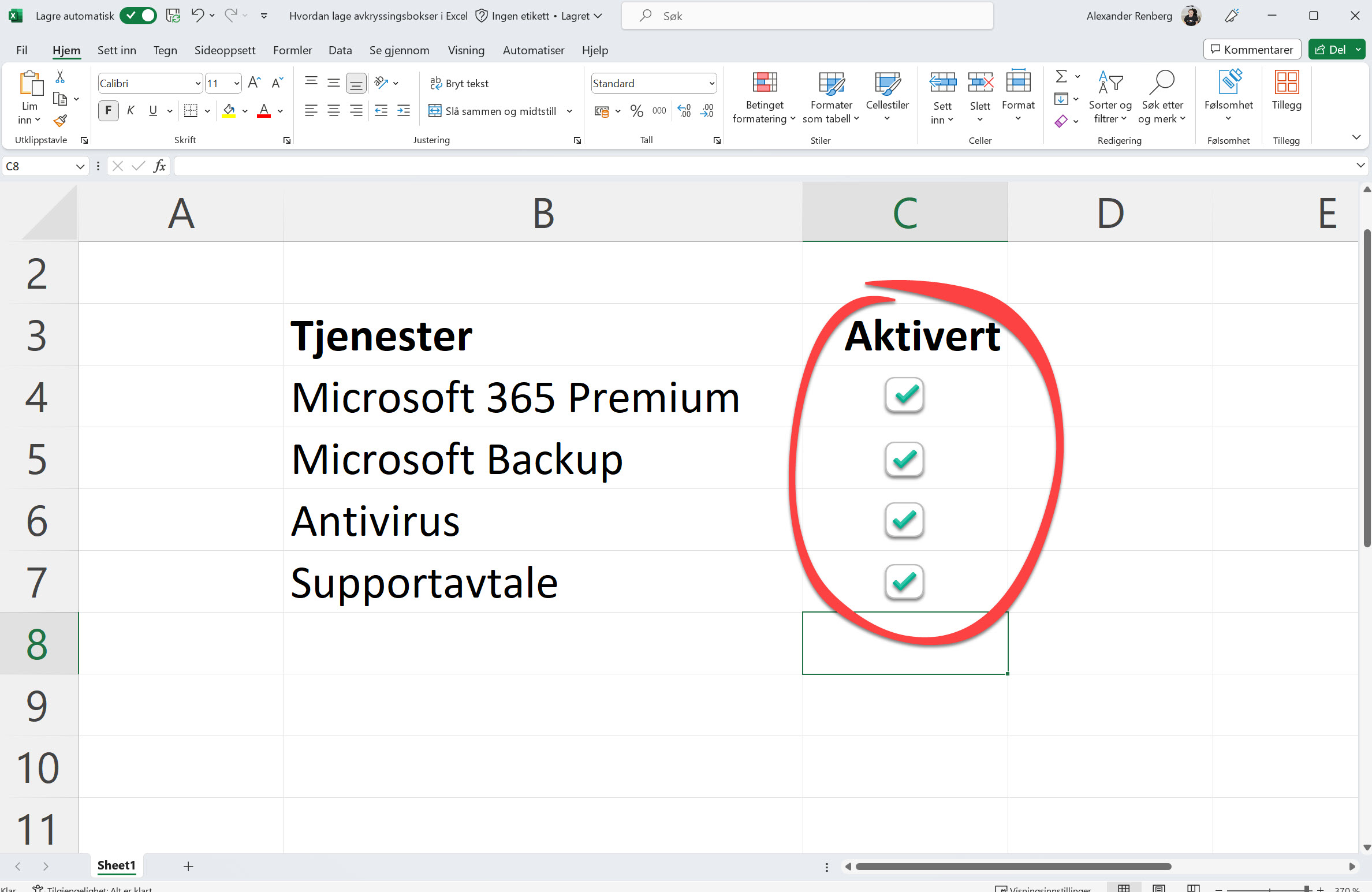 Hvordan lage avkryssingsbokser i Excel