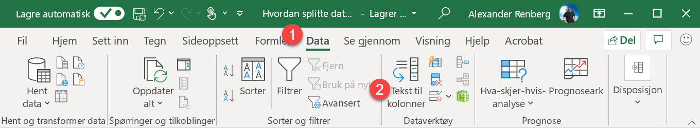 Hvordan splitte data inn i forskjellige kolonner i Excel