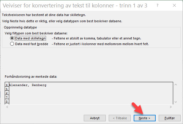 Hvordan splitte data inn i forskjellige kolonner i Excel
