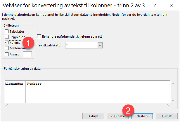 Hvordan splitte data inn i forskjellige kolonner i Excel