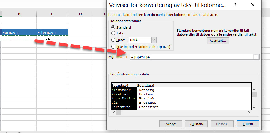 Hvordan splitte data inn i forskjellige kolonner i Excel