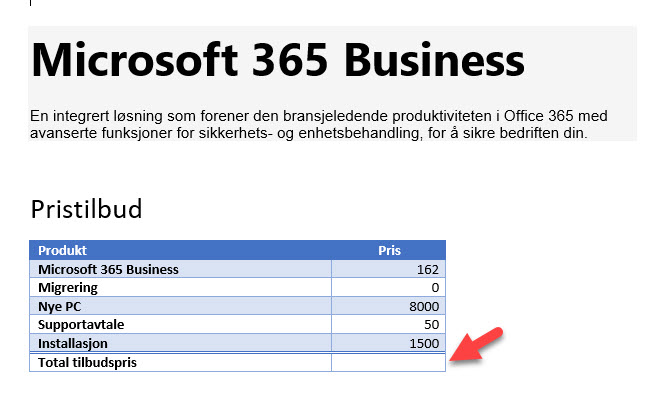 Hvordan summere tall i en tabell eller kolonne i Word