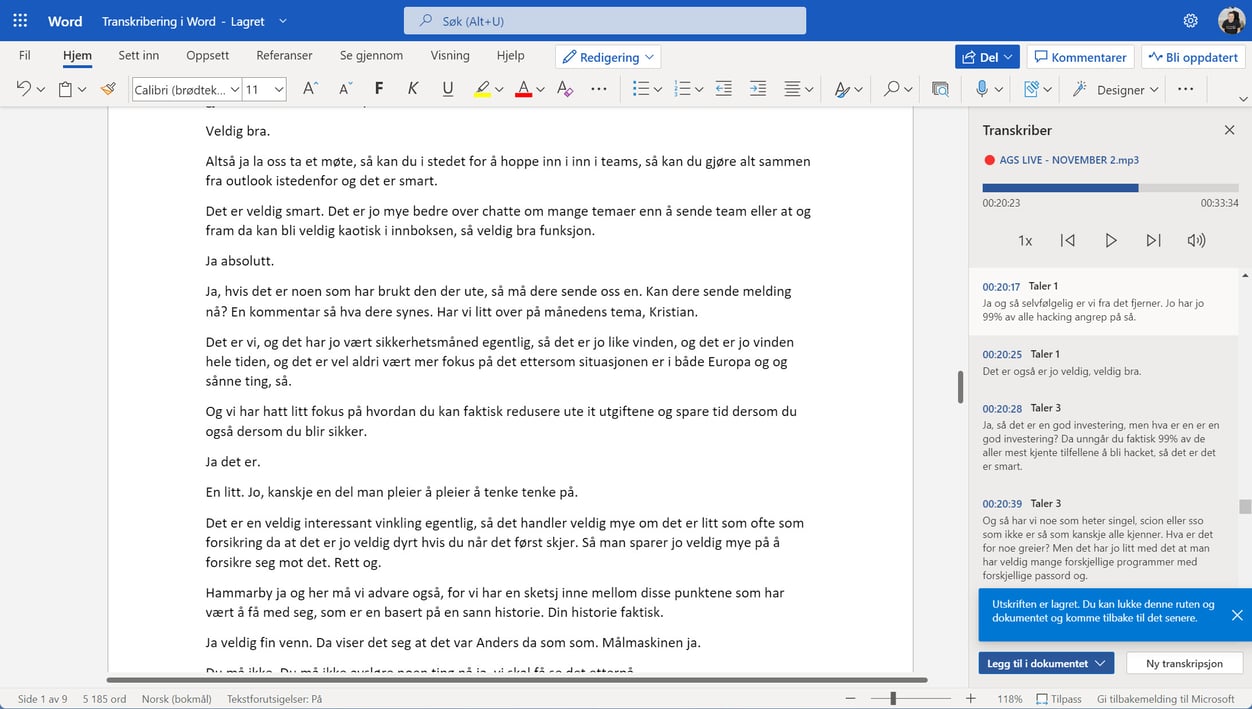 Hvordan transkribere lyd og video i Word