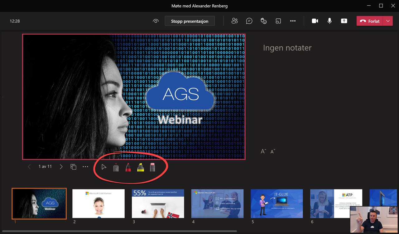 Microsoft Teams - Slik bruker du Laser peker og penn i PowerPoint Live
