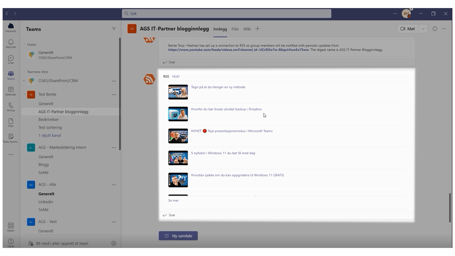 Hvordan legge til RSS feed i en Teams kanal