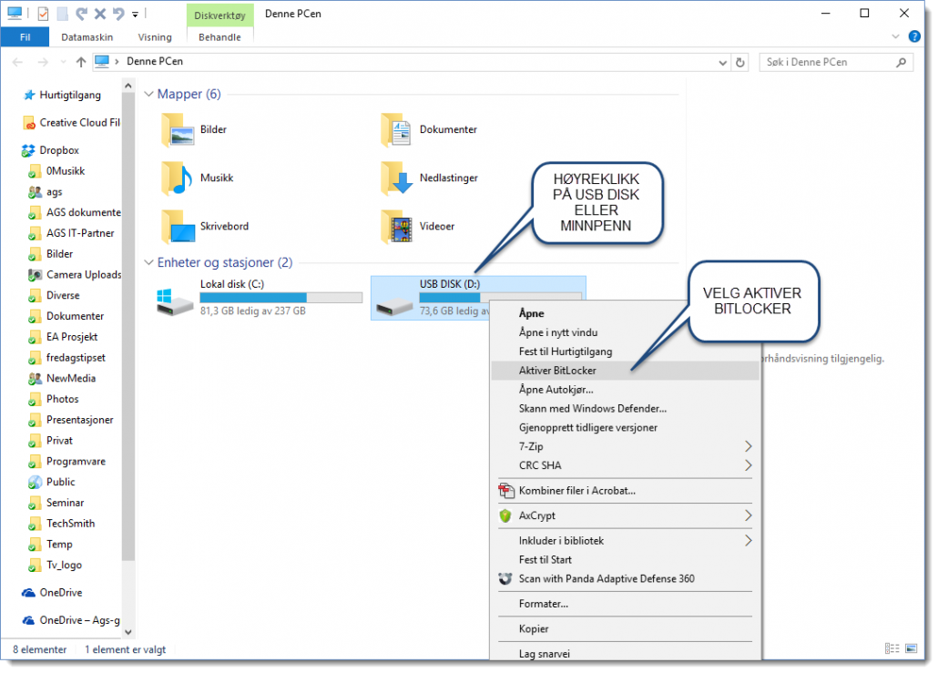 Kryptering av minnepenn eller USB disk i Windows